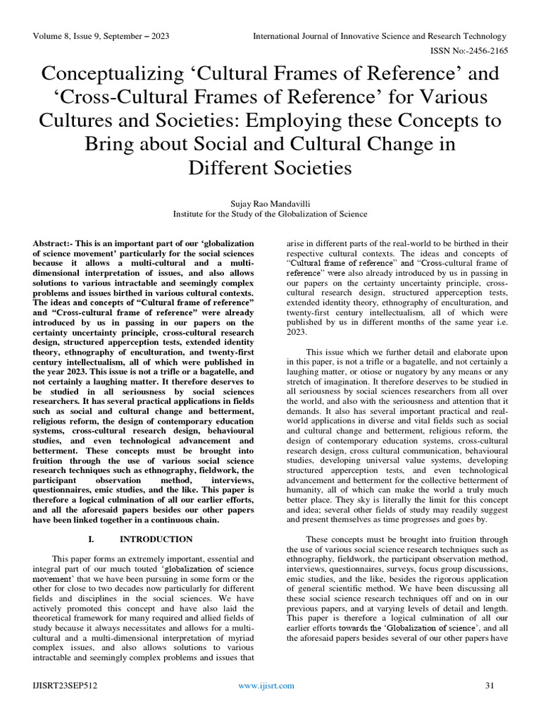 Conceptualizing ‘Cultural Frames of Reference’ and ‘Cross-Cultural ...