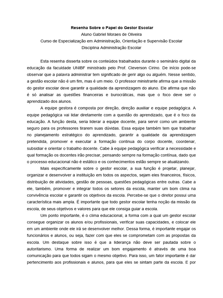Resenha Sobre Papel Do Gestor Escolar | PDF | Pedagogia | Aprendizado