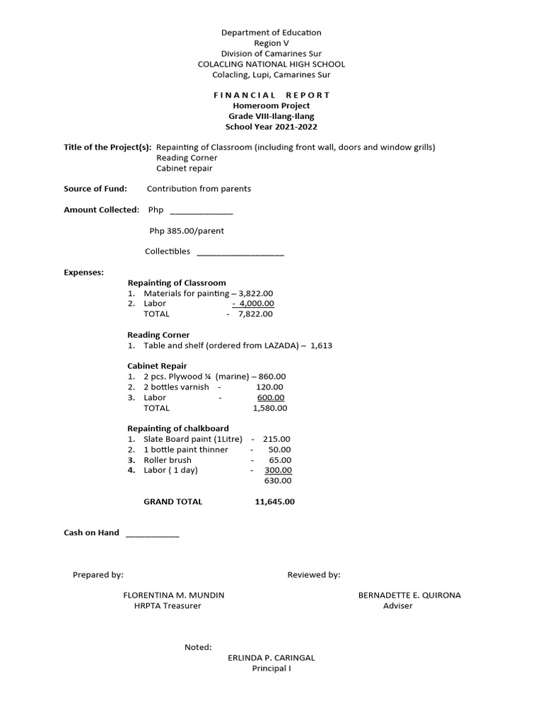 Grade VIII Homeroom Project Financial Report | PDF | Architectural ...