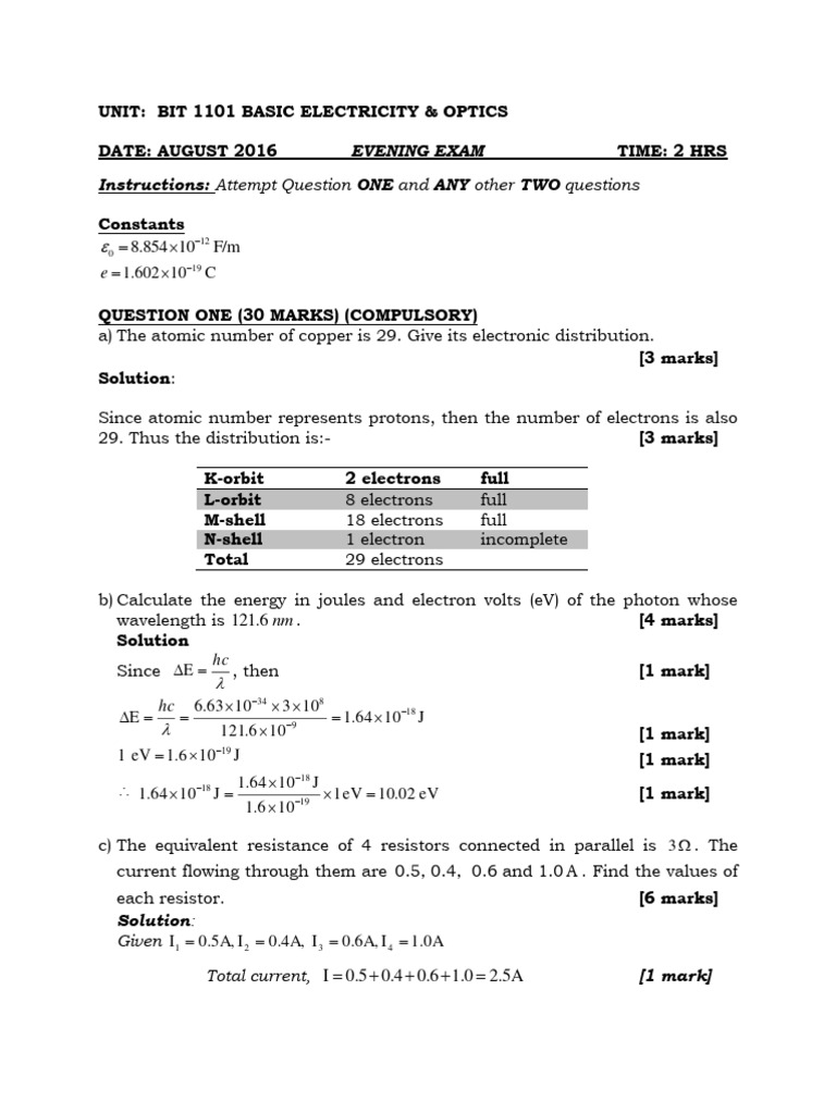 Bpy 1101 Basic Electricity and Optics - Evening Exam Marking Scheme | PDF | Magnetic Field ...