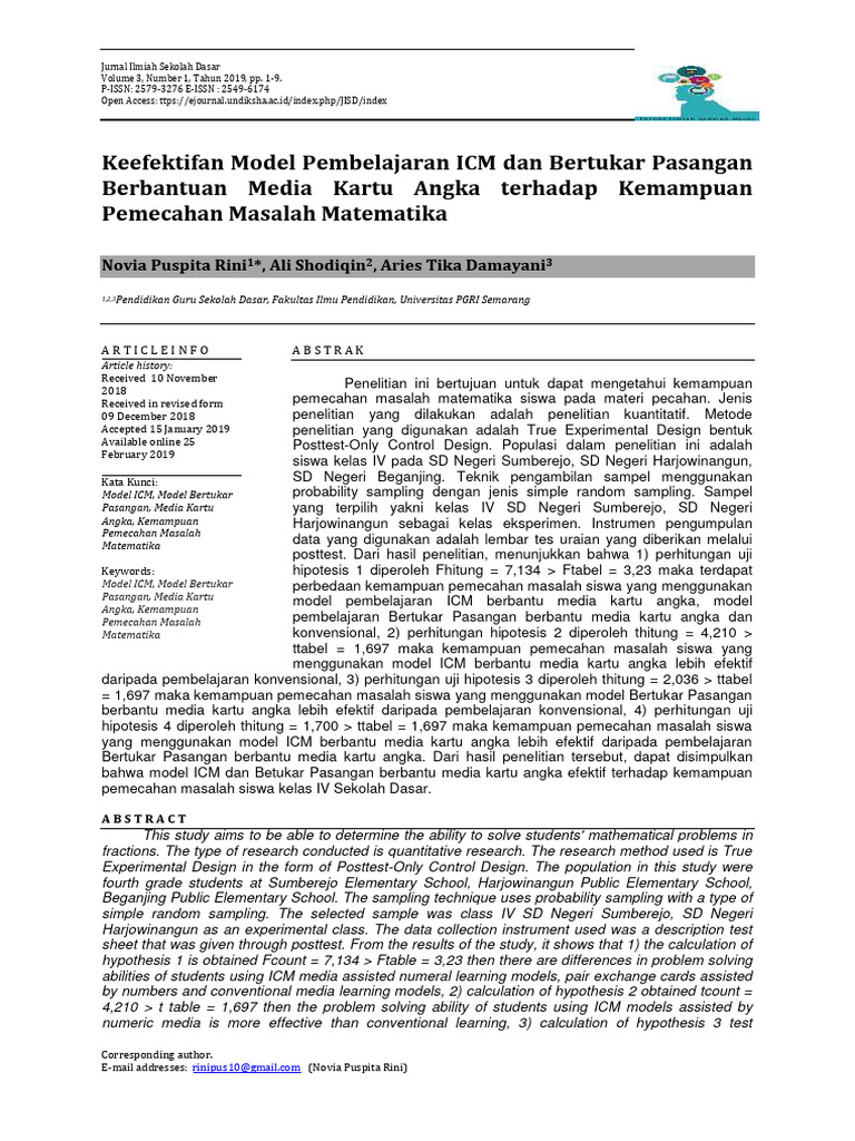 Keefektifan Model Pembelajaran ICM Dan Bertukar Pasangan Berbantuan Media Kartu Angka Terhadap ...