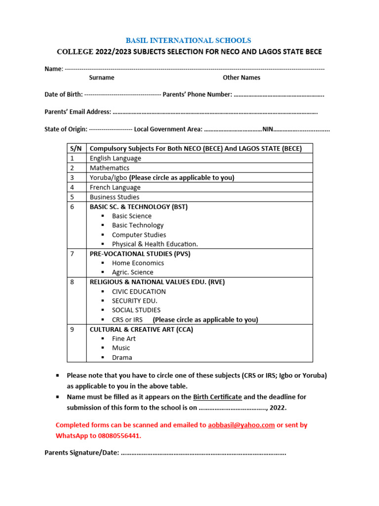 NECO/BECE Subject Selection Guide 2022 | PDF | Games & Activities