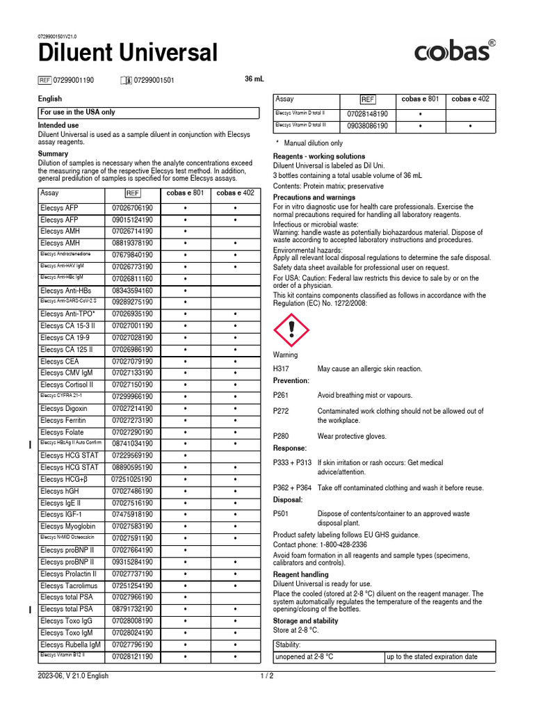 Insert - Diluent Universal.07299001501.V21.En | PDF | Assay | Trademark