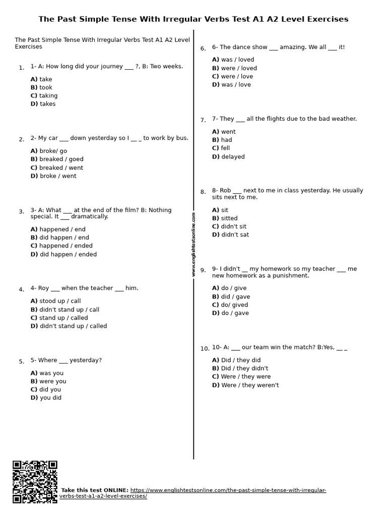 435 The Past Simple Tense With Irregular Verbs Test A1 A2 Level ...