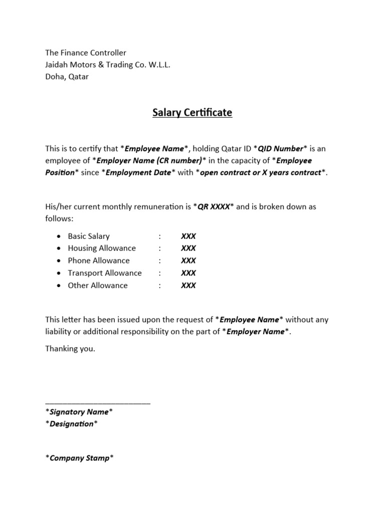Salary Certificate Format for Qatar | PDF | Business | Finance & Money ...