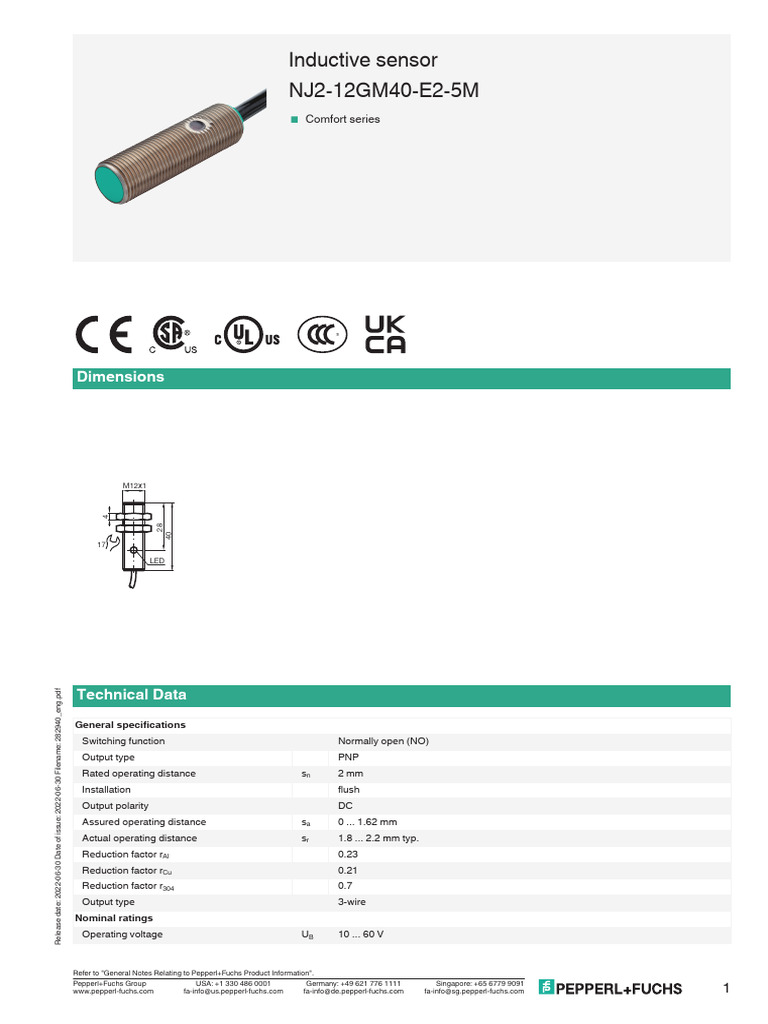 Inductive Sensor NJ2-12GM40-E2-5M: Dimensions | PDF | Measuring Instrument