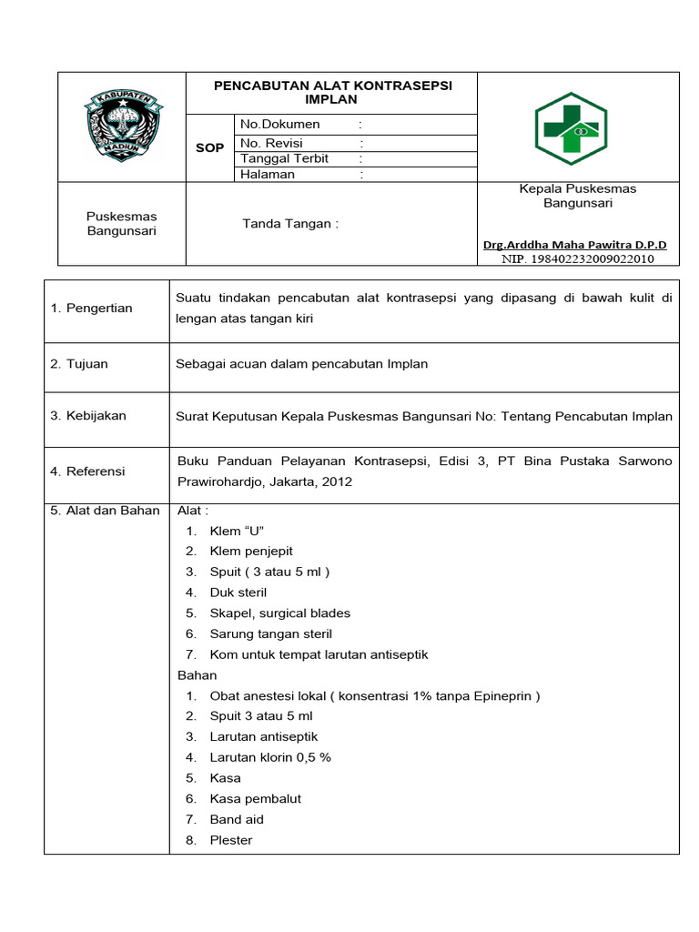 Sop Pencabutan Implan | PDF