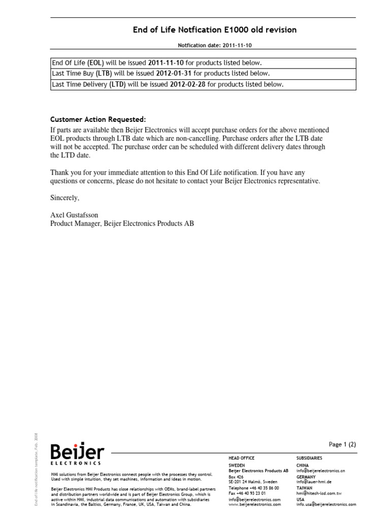 End of Life Notification E1000 Old Revision | PDF | Service Industries ...