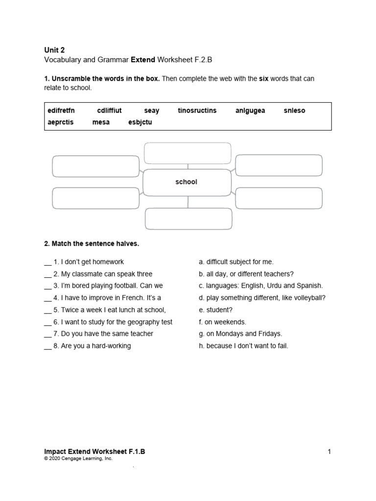 Vocabulary and Grammar: Unit 2 Extend Worksheet F.2.B | PDF ...