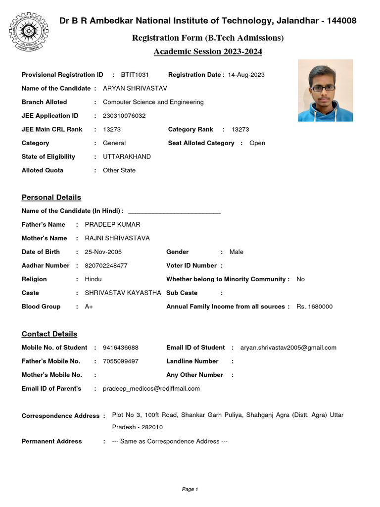 B.Tech Admission - Registration Form | PDF