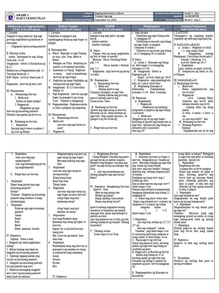 Grade 1 Daily Lesson Plan | PDF