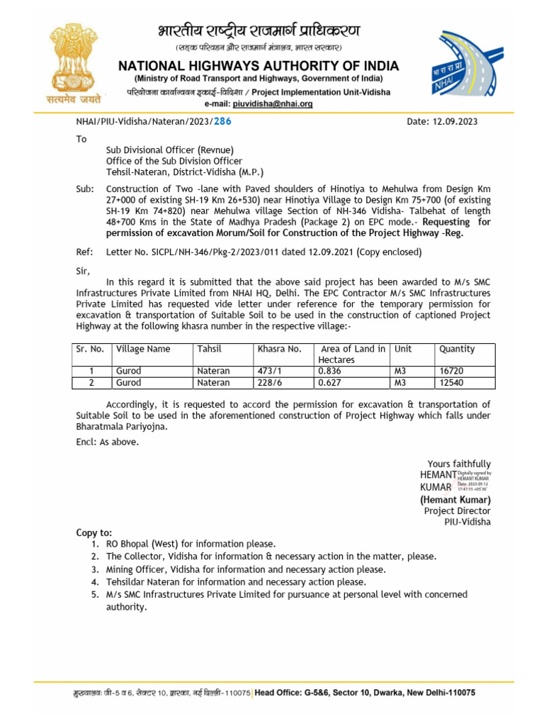 Letter 286 To SDM Nateran For Permission of Excavation - DS | PDF ...