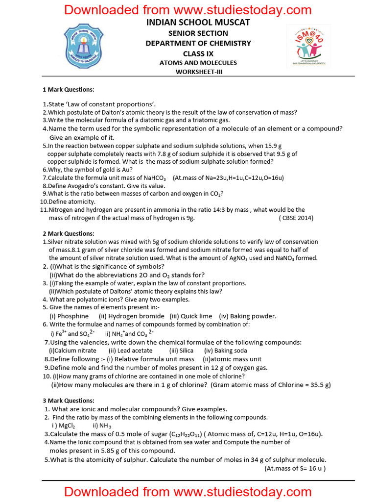 Class 9 Atoms and Molecules Worksheet | PDF | Molecules | Mole (Unit)
