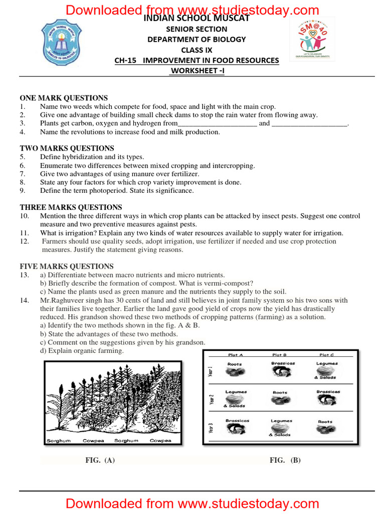 CBSE Class 9 Science Worksheet - Improvement in Food Resources | PDF ...