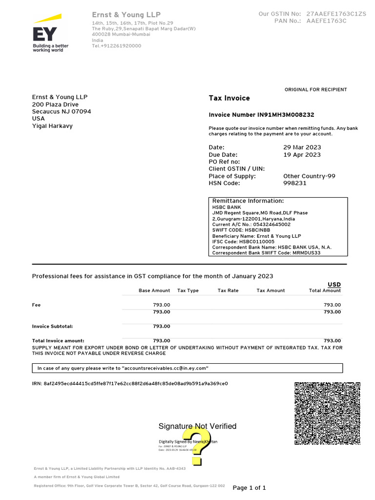 EY Invoice - ORG - IN91MH3M008232 | PDF | Invoice | Business Economics