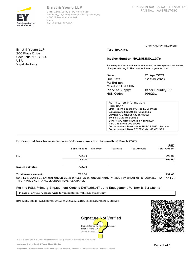 EY Invoice - ORG - IN91MH3M011376 | PDF | Invoice | Business