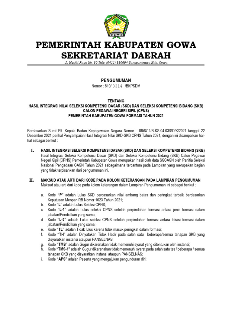 Pengumuman Hasil Integrasi SKD-SKB Cpns 2021 | PDF
