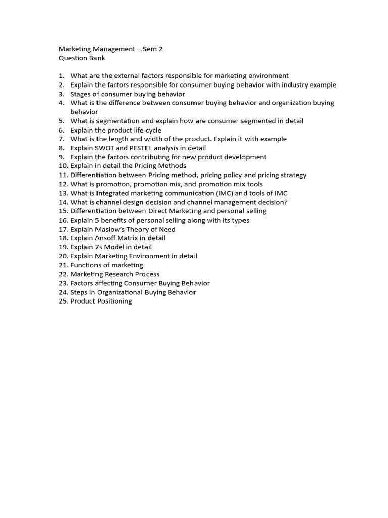 Marketing Management - Question Bank-1 | PDF