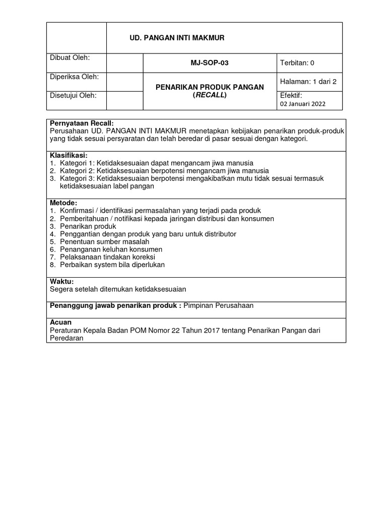 Prosedur Recall Produk Pangan | PDF
