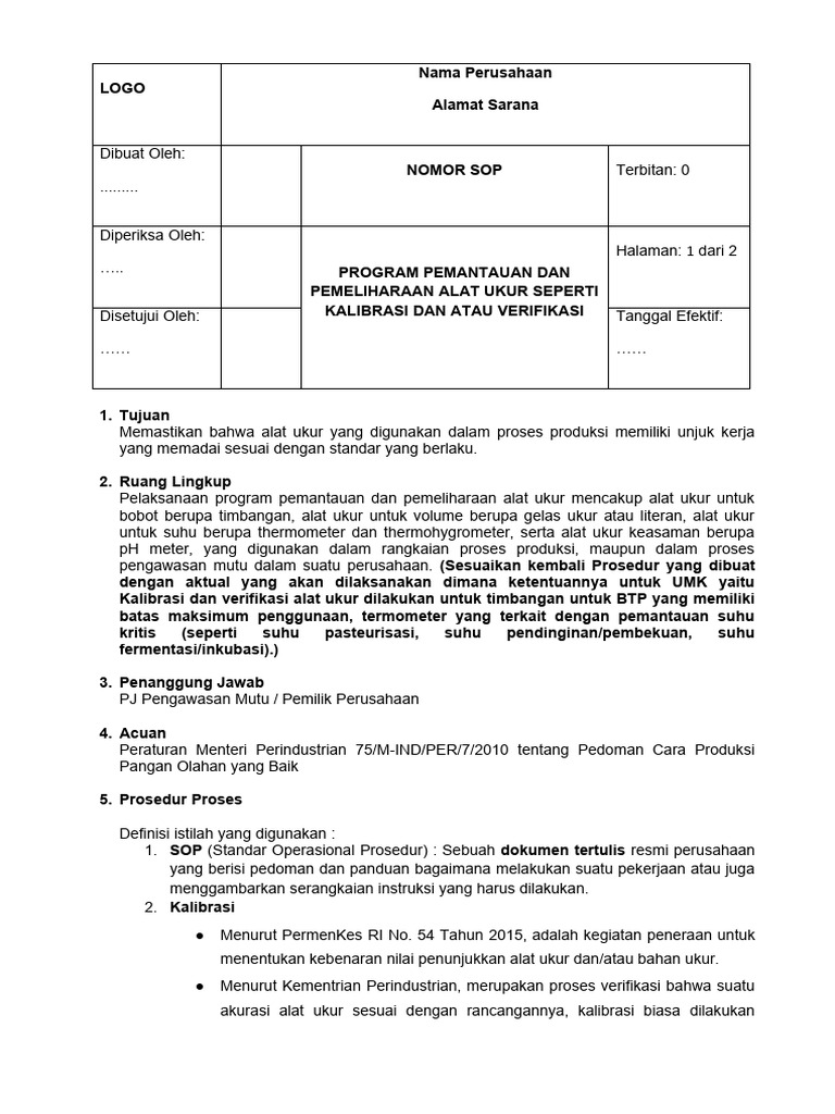 SOP - Program Pemantauan Dan Pemeliharaan Alat Ukur Seperti Kalibrasi ...
