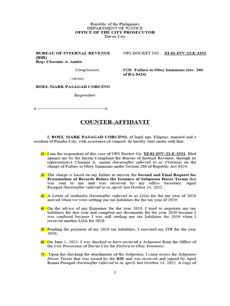 Counter-Affidavit on Tax Summons Case | PDF | Affidavit | Service Of ...
