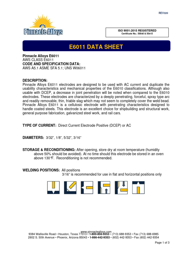 E6011 Data Sheet: ISO 9001:2015 REGISTERED | PDF | Construction | Welding