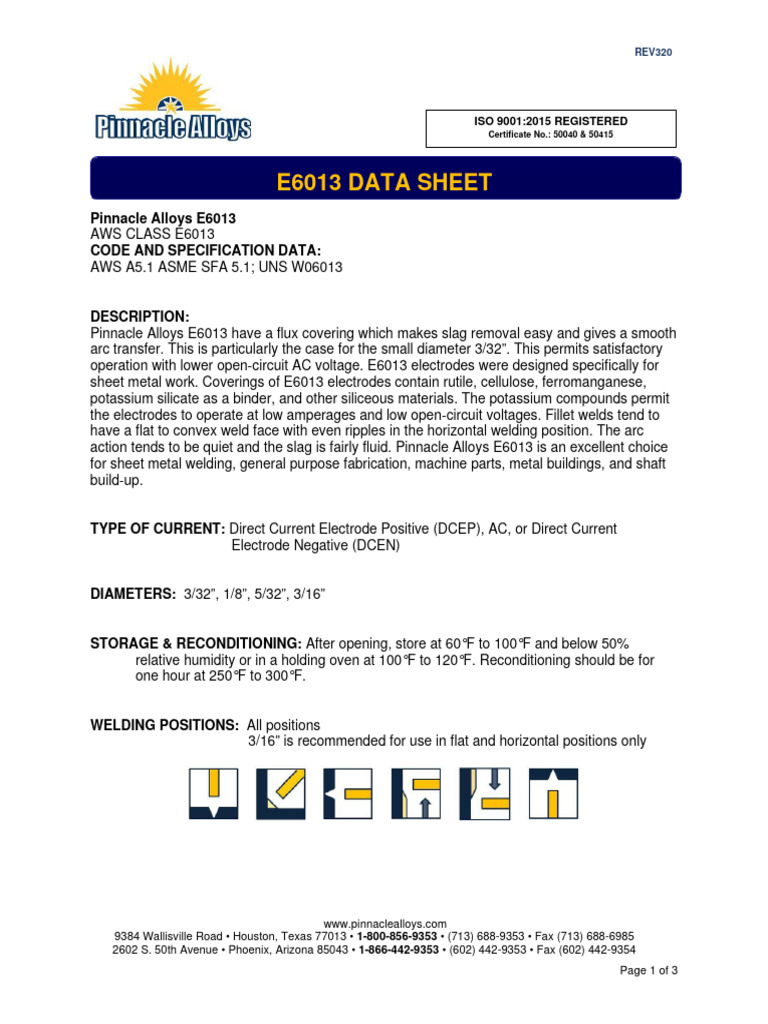 E6013 Data Sheet: ISO 9001:2015 REGISTERED | PDF | Construction | Welding