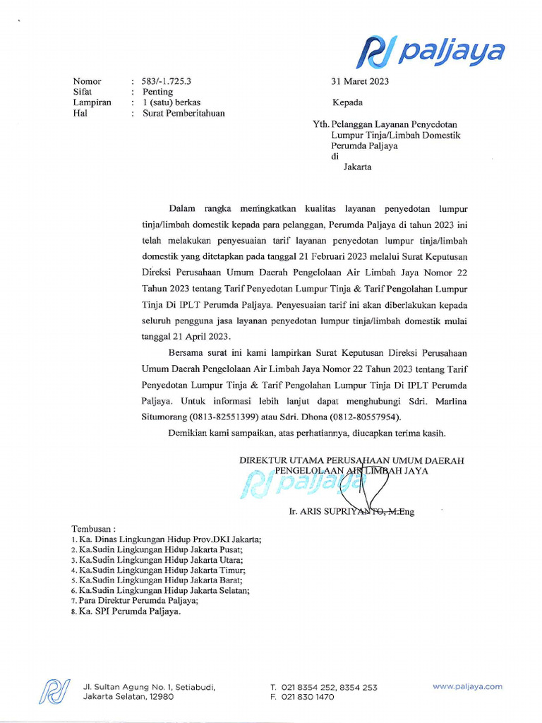 Surat Pemberitahuan Kenaikan Tarif Penyedotan | PDF