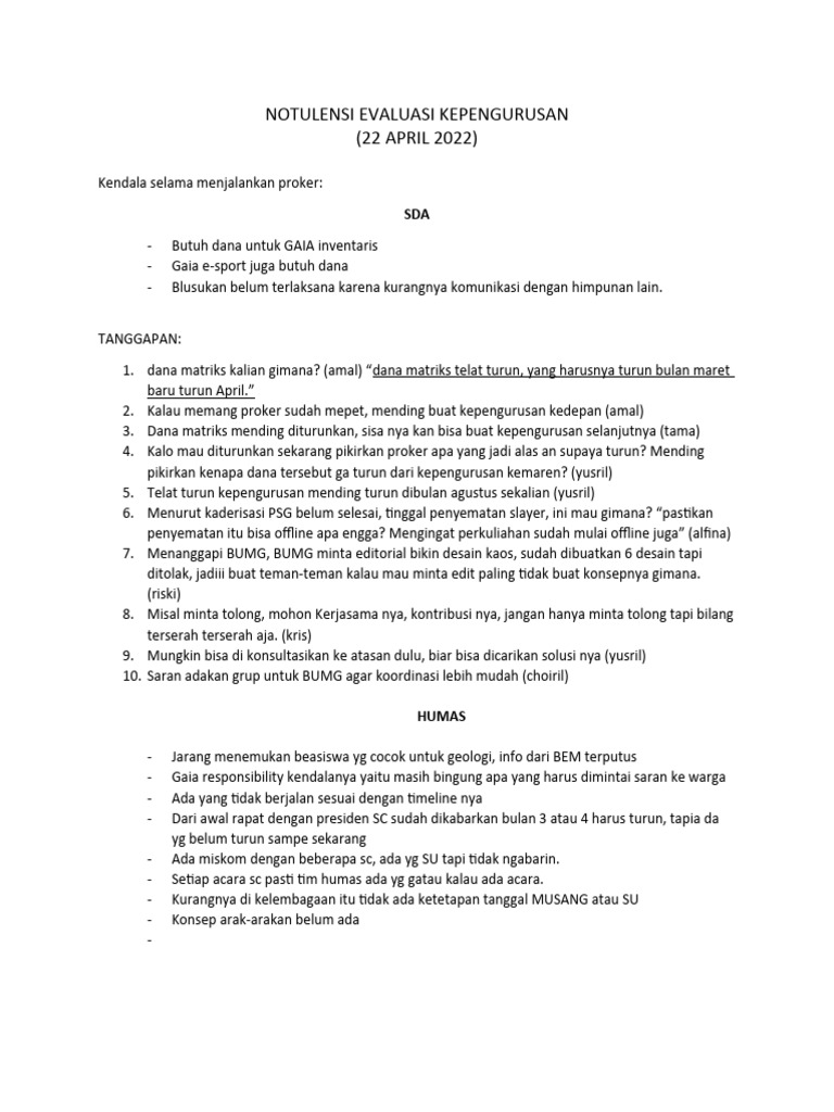 Notulensi Evaluasi Kepengurusan (22042022) | PDF