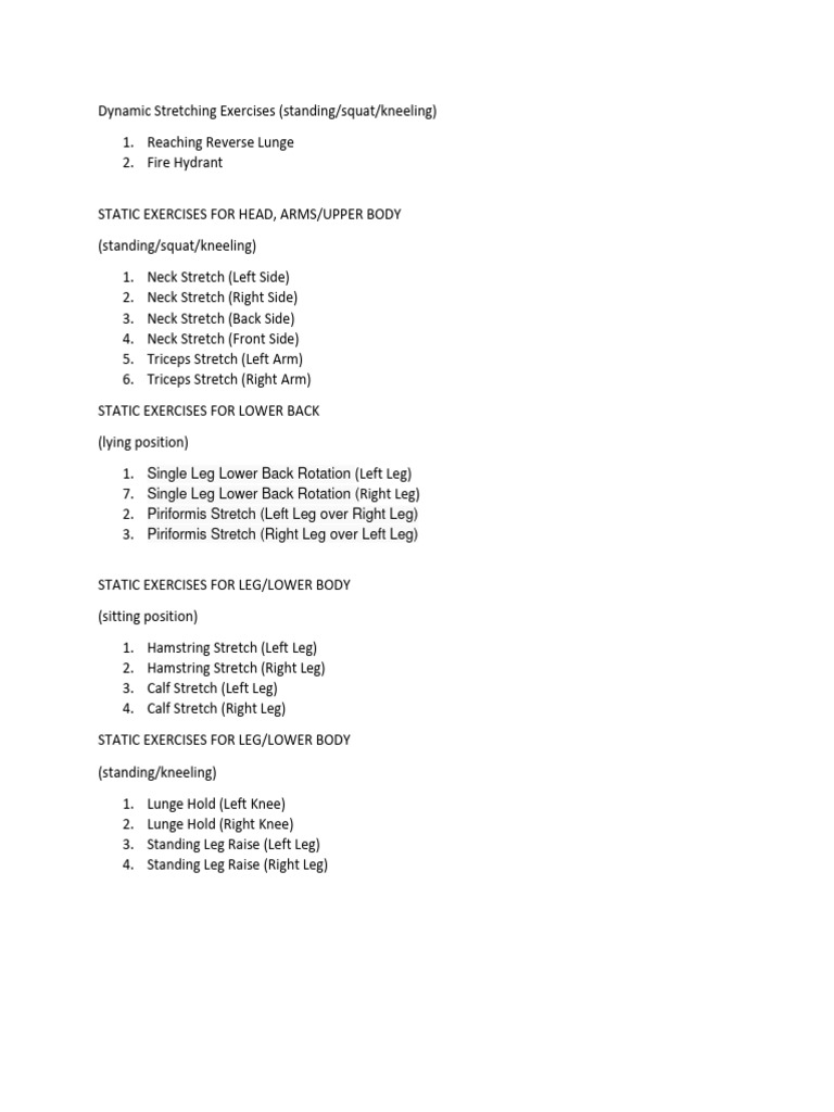 Dynamic Stretching and Static Exercises | PDF | Wellness | Science ...