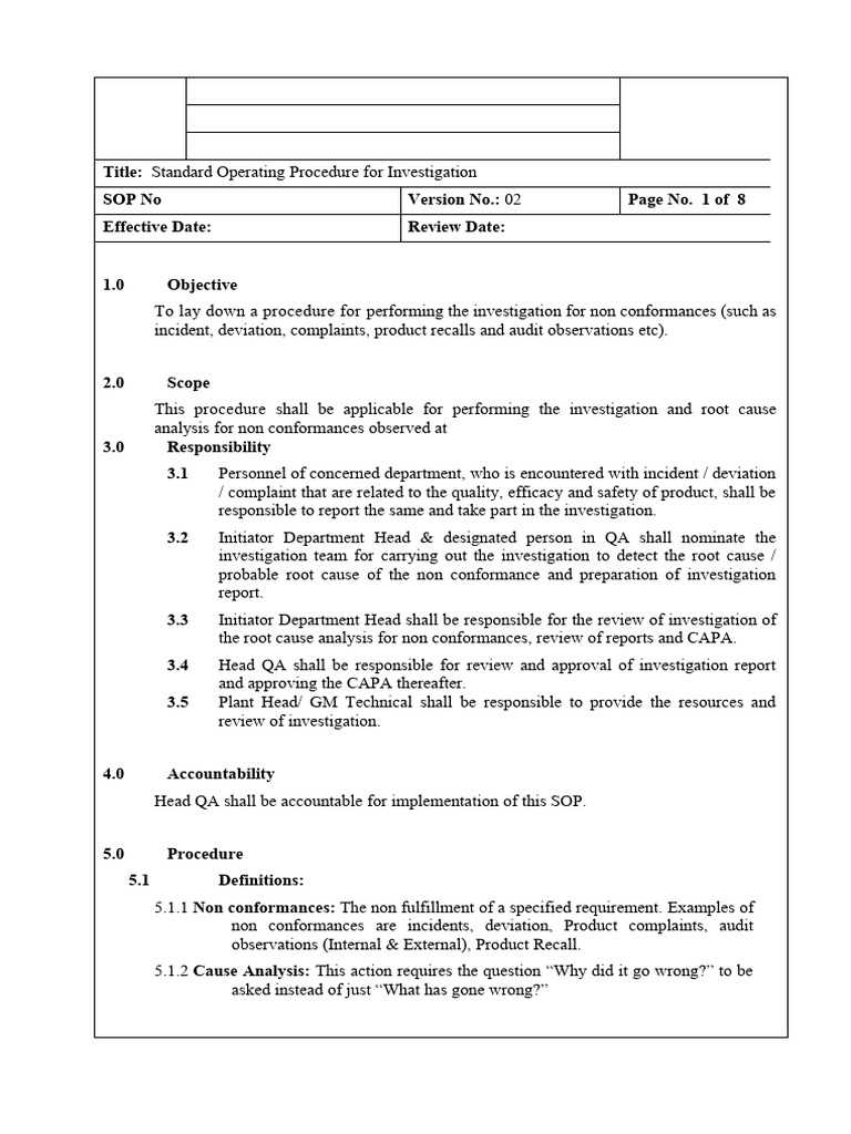 Title: Standard Operating Procedure For Investigation Sop No Version No ...