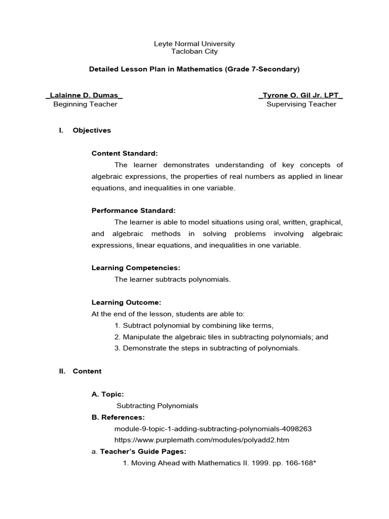 LESSON-PLAN Dumas | PDF | Subtraction | Polynomial