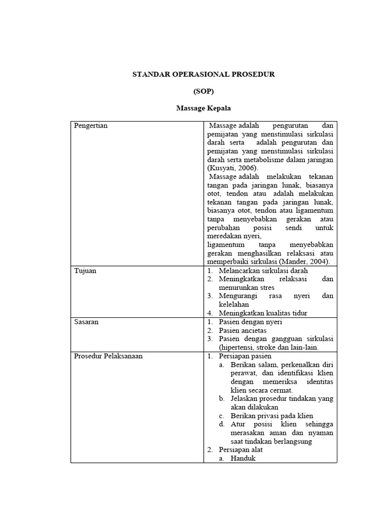 Standar Operasional Prosedur (SOP) Massage Kepala | PDF | Kesehatan Holistik