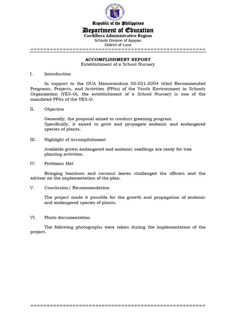 Accomplishment Report - School Nursery | PDF