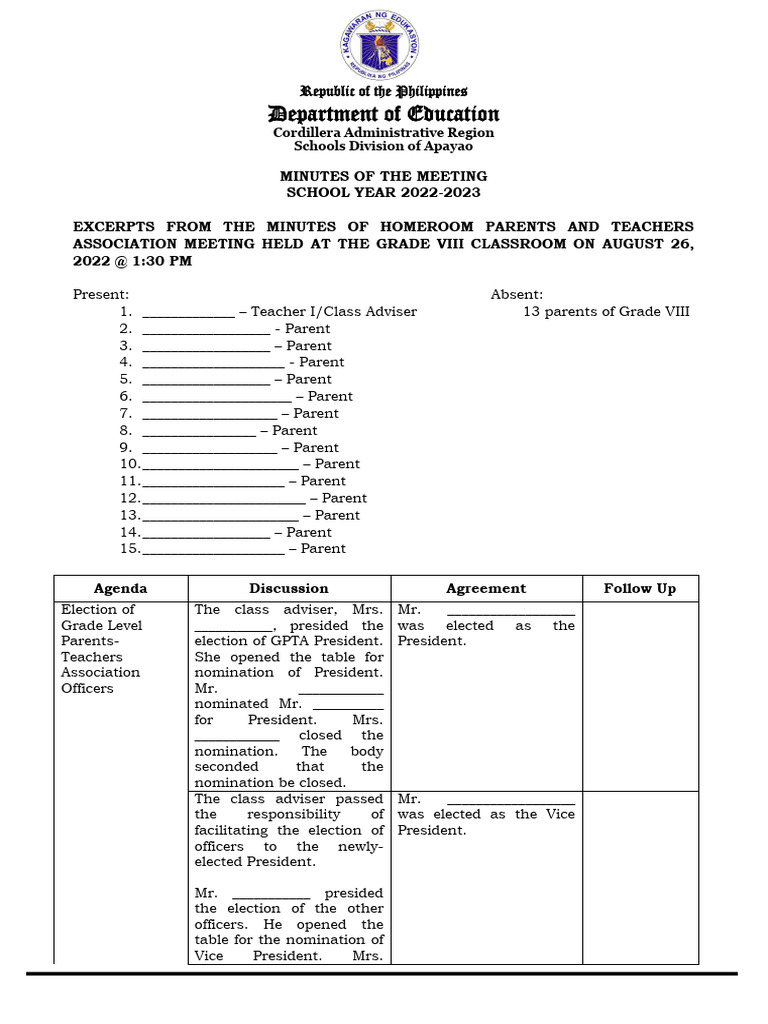 MINUTES OF THE MEETING - Election of GPTA Officers | PDF