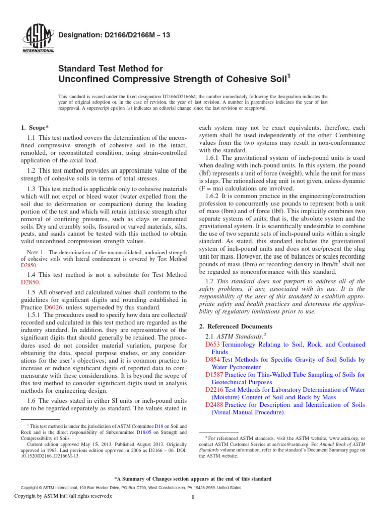 D2166 - D2166M-13 Standard Test Method For Unconfined Compressive ...