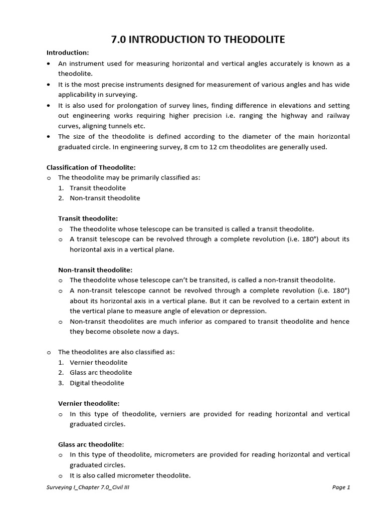 Theodolite Surveying Overview and Components | PDF | Surveying | Metrology
