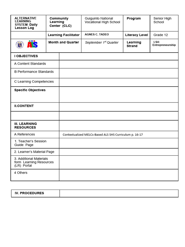 Weekly Lesson Log Template | PDF | Learning | Teachers