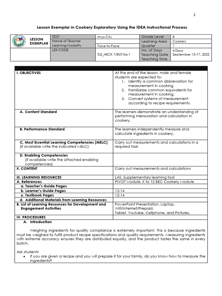 LE Cookery Quarter 1 Week 4 | PDF | Pound (Mass) | Tablespoon