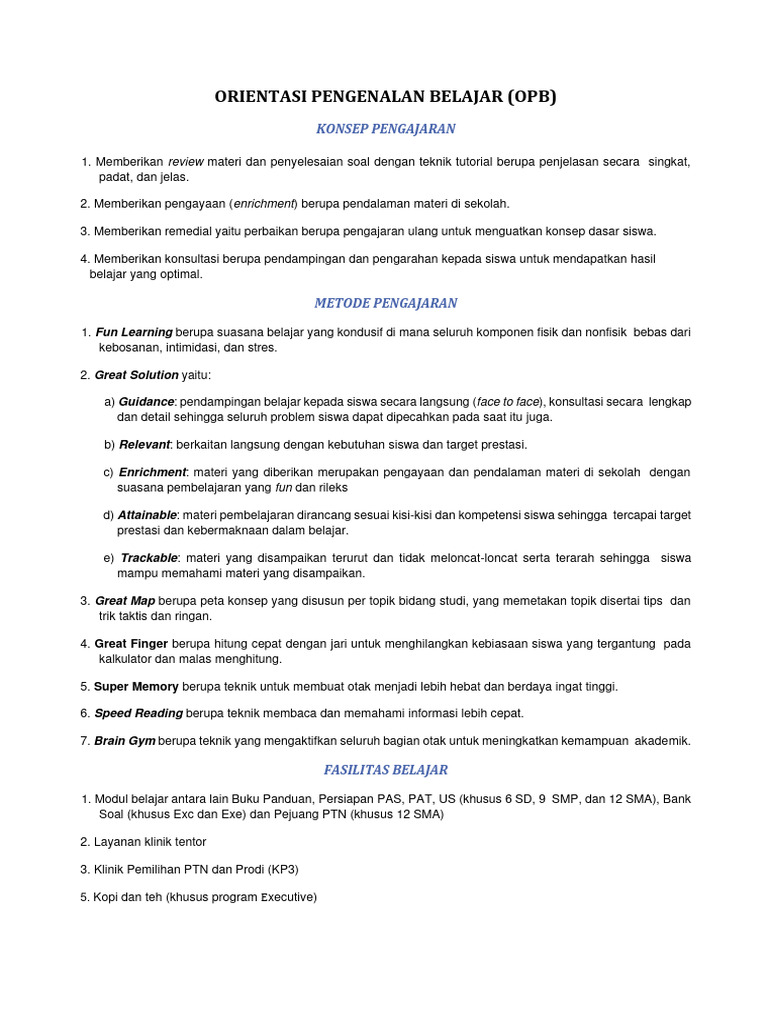 Orientasi Pengenalan Belajar (OPB) | PDF