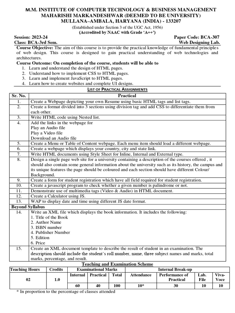 BCA 307 Web Designing Lab Practical List | PDF | Html | Html Element