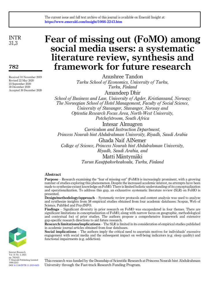 Fear of Missing Out (FoMO) Among Social Media Users A Systematic ...