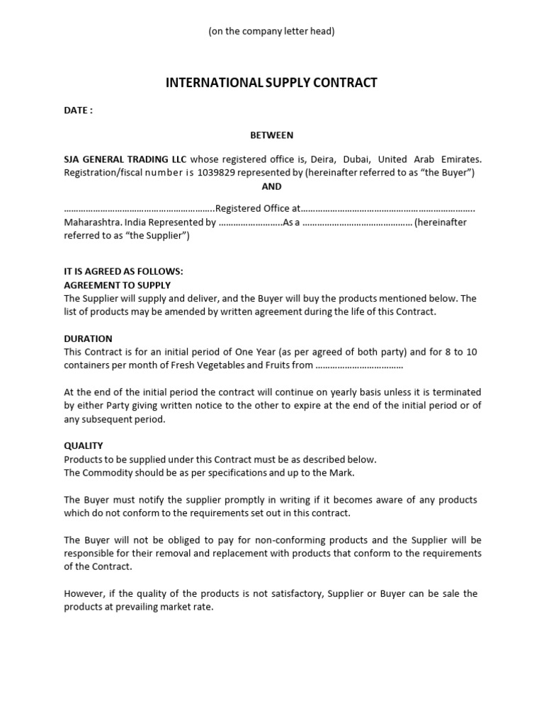 Supply Contract Agreement | PDF | Procurement | Pro Forma