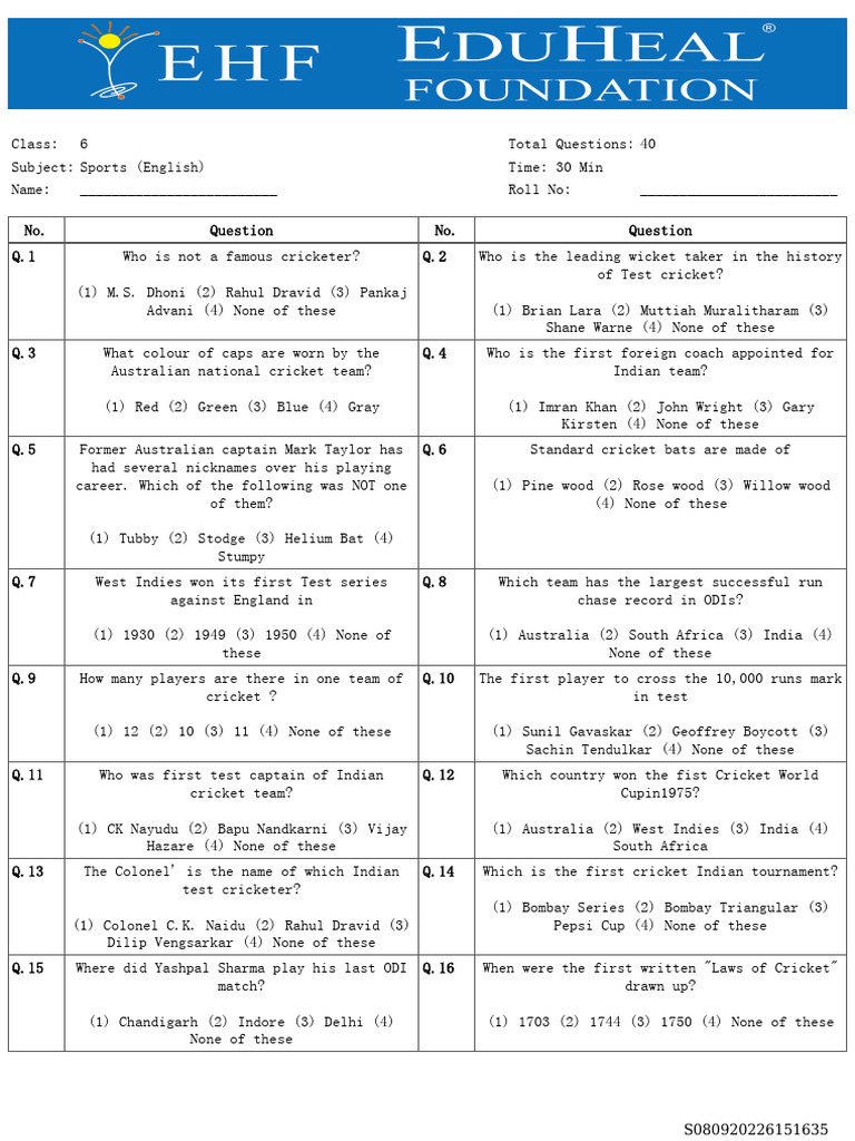 Cricket Quiz for Class 6 Students | PDF | Ball Games | International ...
