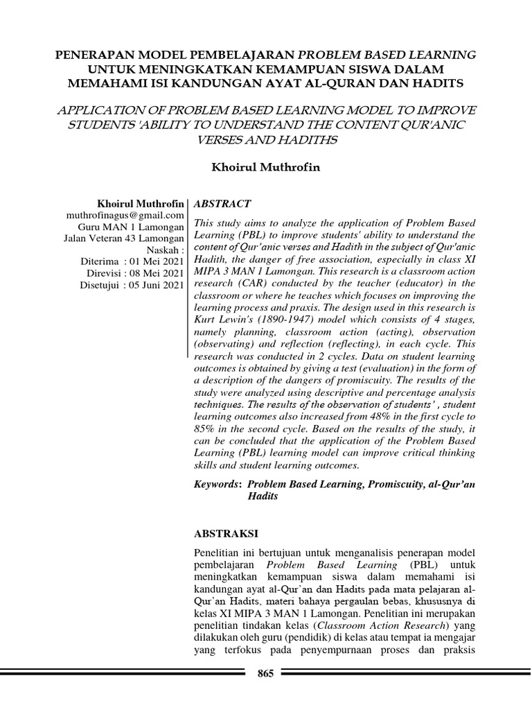 Application of Problem Based Learning Model To Improve Students 'Ability To Understand The ...