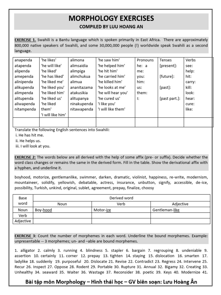 Morpheme Exercies 1 | PDF | Word | Swahili Language