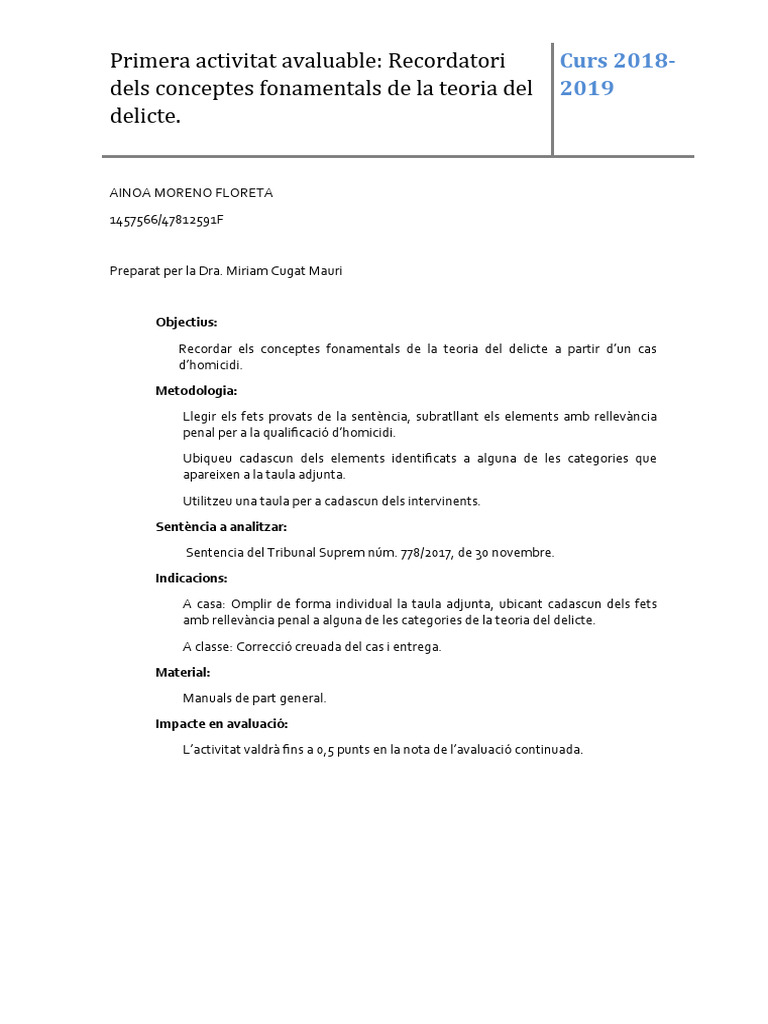 Wuolah Free Primera Activitat Avaluable TEORIA 2 DRET PENAL III | PDF