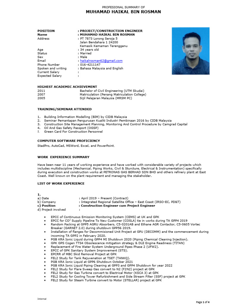 Professional Summary: Muhamad Haikal Rosman | PDF | Engineering ...