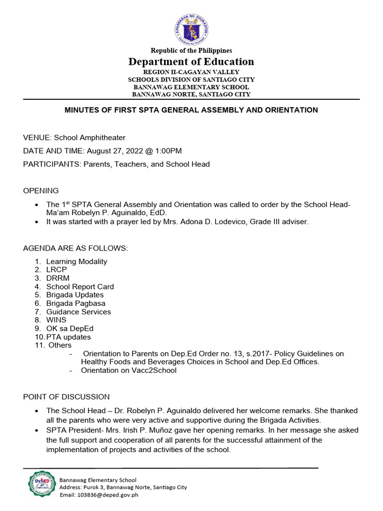 Minutes 1ST Spta Gen. Meeting | PDF