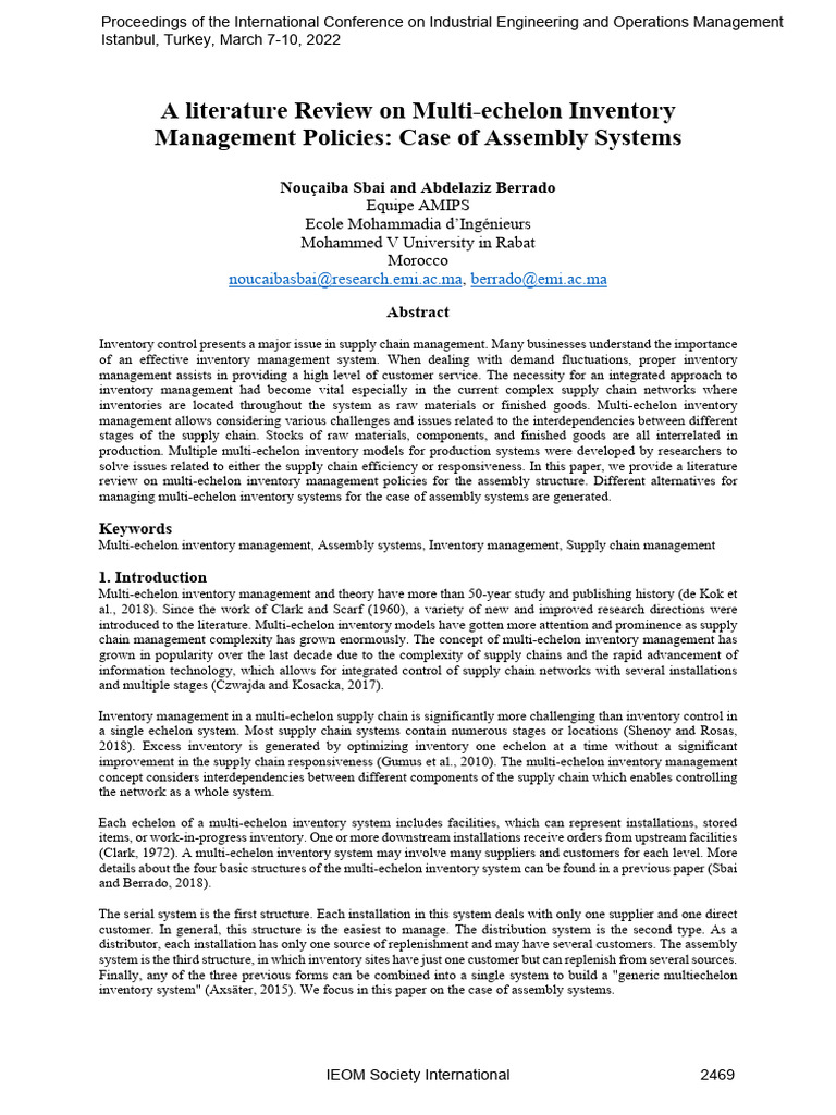 A Literature Review On Multi-Echelon Inventory Management Policies Case of Assembly Systems ...